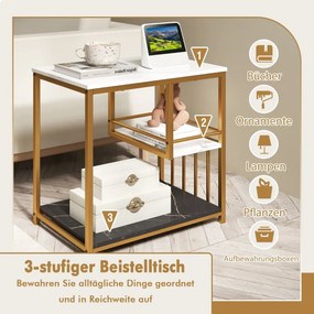 Costway Odkládací stolek mramorový vzhled 3patrový s kovovým rámem do obývacího