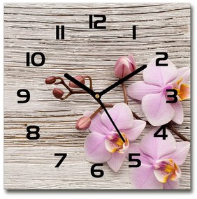 Wallmuralia Skleněné hodiny čtverec Orchidej na dřevě 30x30 cm