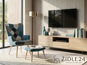 Relaxační křeslo ušák s podnožkou LYRO - modrá patchwork látka