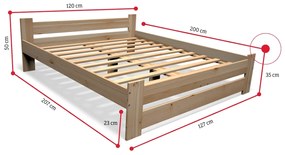 Expedo Postel z masivu STUDENT + rošt ZDARMA + pěnová matrace DE LUX 14 cm, 120x200cm, přírodní/nelak