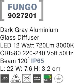 NV 9027201 Venkovní nástěnné svítidlo FUNGO tmavě šedý hliník skleněný difuzor LED 12W 3000K 220-240V 120st. IP65 světlo dolů - NOVA LUCE
