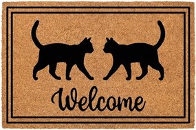 Hnědá kokosová rohožka s kočkami Welcome - 75*45*1 cm