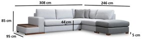 Rohová sedačka s taburetkou a stolkem Bellona 308 cm světle šedá - pravá