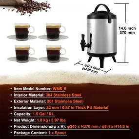 Nerezový izolovaný dávkovač nápojů, 5,7 l 6 litrů