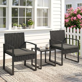 Ratanový bistro set, 3dílná sada zahradního nábytku se 2 zahradními židlemi, konferenčním stolkem, odnímatelnými polštáři tmavě šedá