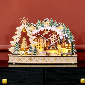 HOMCOM Vánoční vesnička v zimní říši divů, 20 LED světýlek, vrstvená, přírodní dřevo, 45 x 12 x 30 cm
