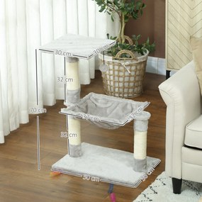 Kočičí strom PawHut se 3 škrabacími sloupy, přírodní sisal, platforma, houpací síť a závěsná míčková hračka, rozměry 50 x 26 x 70 cm, krátký plyš, sv…