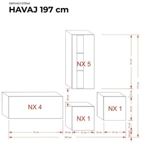 Ral Obývací stěna HAVAJ 2, 197 cm - Bílo/černý lesk