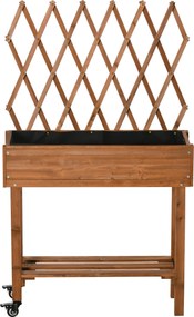 Vyvýšený záhon Outsunny s mřížovým truhlíkem na kolečkách s policí z masivního dřeva na terasu a zahradu v hnědé barvě 79x29x130cm