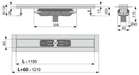 Alcadrain Professional Low Žlab odtokový 115 cm s okrajem pro plný rošt, svislý odtok APZ1106-1150