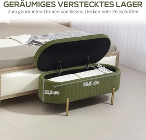 HOMCOM Oválná úložná lavice 72L s výklopným víkem a rýhovaným designem, moderní sametová tkanina a borovicové dřevo, 108x44x43,5 cm, tmavě zelená