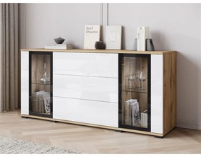 Široká komoda Hedvis SB 150 2D3S, Barva: wotan / bílý lesk, Osvětlení: osvětlení LED - bílé