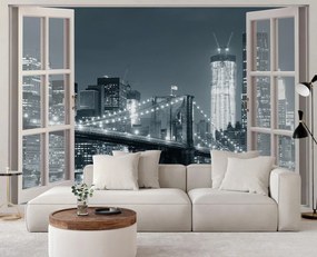 Gario Fototapeta Okno - New York City Brooklynský most v černé a bílé barvě Materiál: Vliesová, Rozměry: 140 x 100 cm