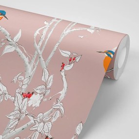 Samolepící tapeta ptáčci v hustém lese s růžovým pozadím