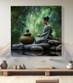 Obraz na plátně - Meditace, žena u dřevěných misek FeelHappy.cz Velikost obrazu: 120 x 120 cm