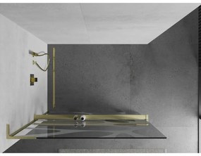 Mexen Kioto+ L, sprchová zástěna Walk-In s poličkou a věšákem 120 x 200 cm, 8mm čiré sklo bílý vzor, ​​zlatý matný profil, 800-120-123-55-97