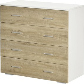 HOMCOM Komoda se 4 šuplíky - Moderní pomocný úložný kabinet do ložnice, chodby nebo obývacího pokoje, 76x35x72 cm, dub a bílá