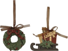 Sada 2ks závěsných dekorací Noël věneček a sáňky třešňové barvy – 9*2*8,5 cm
