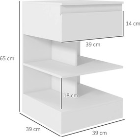 HOMCOM Noční stolek s šuplíkem a 2 otevřenými policemi pro ložnici, obývací pokoj, postel a kancelář, moderní styl 39x39x65 cm Bílá