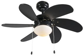 Stropní ventilátor černý s potiskem dřeva 80 cm s tahovým spínačem - Fresh