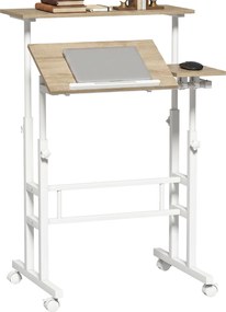 HOMCOM sedací‑stojací stůl výškově nastavitelný 70 x 60 cm na kolečkách s naklápěcí deskou, kovový rám, hnědý