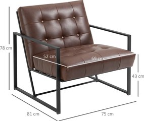 HOMCOM Chesterfield Křeslo Lounge Relaxační Křeslo S Polstrovaným Sedákem a Opěrkou Hlava Černý Kovový Rám Umělá Kůže Čokoládová