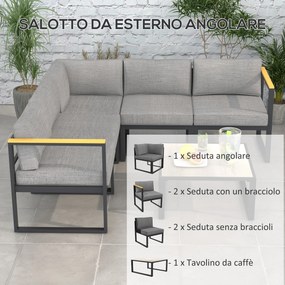 Outsunny Zahradní Lounge se Sofou a Konferenčním Stolkem, 6-Dílná Souprava z Hliníku s Polstrovanými Polštáři, Konferenční Stolek s Dřevěným Efektem,…