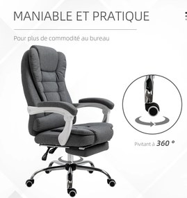 Ergonomická kancelářská židle Vinsetto s opěrkou nohou, s polohovací opěrkou zad, polstrovanými područkami a šedým látkovým potahem