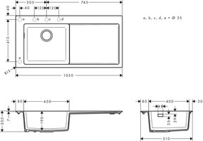 Hansgrohe S51, vestavný dřez 450 s odkapávací plochou, černý grafit, HAN-43330170