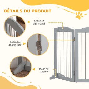 Skládací bezpečnostní bariéra PawHut, 3-panely pro psy, 2 podpěrné nohy, výška 80 cm, pro dveře, chodby, místnosti a schody, šedá