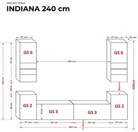 Ral Obývací stěna INDIANA 1, 240 cm - Černý lesk