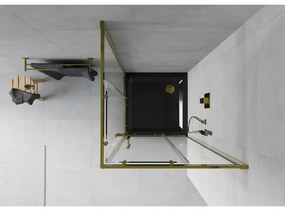 Mexen Rio, čtvercový sprchový kout s posuvnými dveřmi 70 (dveře) x 70 (dveře) x 190 cm, 5mm čiré sklo, zlatý profil + černá sprchová vanička SLIM se zlatým sifonem, 860-070-070-50-00-4070G