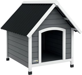 PawHut Psí Bouda 75x88x82 cm – Střední Psí Kotec s Imitací Taškové Střechy, Zvýšeným Základem a Odnímatelnou Podlahou pro Venkovní Použití Šedá | Aoso