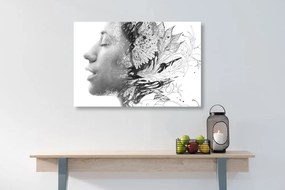 Obraz žena s malovanými květinami v černobílém provedení - 120x80 cm