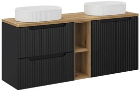 Závěsná skříňka Nova Black s deskou a umyvadly 140 cm černá/dub evoke