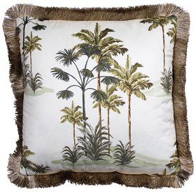 Sametový krémový polštář s palmami a třásňovitým okrajem - 45*45*10cm