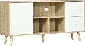HOMCOM Televizní stolek pro televize do 114 cm se solidními nohami ve skandinávském stylu, 3 police, 1 skříňka se dveřmi a 2 šuplíky 120 x 30 x 60 cm