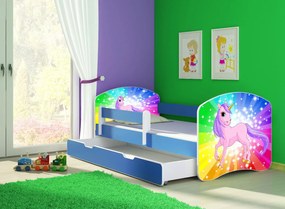 Dětská postel - Poník jednorožec duha 2 160x80 cm + šuplík modrá