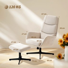 HOMCOM Čalouněné křeslo s podnožkou, lounge křeslo s vysokým opěradlem, kovová podstava, do obývacího pokoje, ložnice, béžové