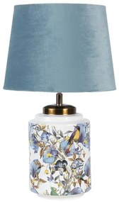 Bílá stolní lampa s malbou ptáčků a lístků na podstavci a modrým stínidlem – 25x41 cm