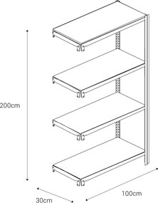Bezšroubové kovové regál přídavný modul 200x100x30cm T profil, 4 police