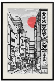 Plakát Ulice v Japonsku - černobílá městská architektura v asijském stylu