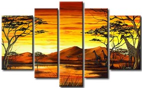 Obraz Africké hory (5dílný) - žirafy na savaně při západu slunce