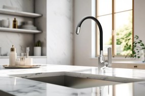 Invena Ligaria, vysoká dřezová baterie s elastickým ramenem, systém Eco Start, chromová-černá matná, INV-BZ-39-008-L