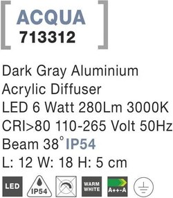NV 713312 Venkovní nástěnné svítidlo ACQUA tmavě šedý hliník akrylový difuzor LED 5W 3000K 110-265V 38st. IP54 - NOVA LUCE