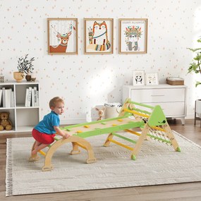 montessori prolézačka 8 v 1 vnitřní dřevěný lezecký trojúhelník s lezeckým obloukem, oboustranná skluzavka, zelená barva