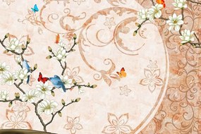 Tapeta vintage zátiší s ptáčky a motýly - 300x200 cm