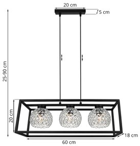 Závěsné svítidlo CRYSTAL CAGE, 3x stříbrné křišťálové stínítko v kovovém rámu