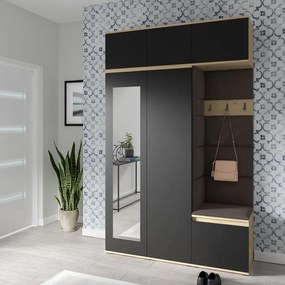 Eka Předsíňová stěna s čalouněnými panely Trinity 18 - Dub Artisan s černou / Tmavá hnědá 2308