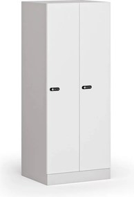 Snížená šatní skříňka S1, 2 oddíly, 1500 x 600 x 500 mm, mechanický kódový zámek, laminované dveře, bílá